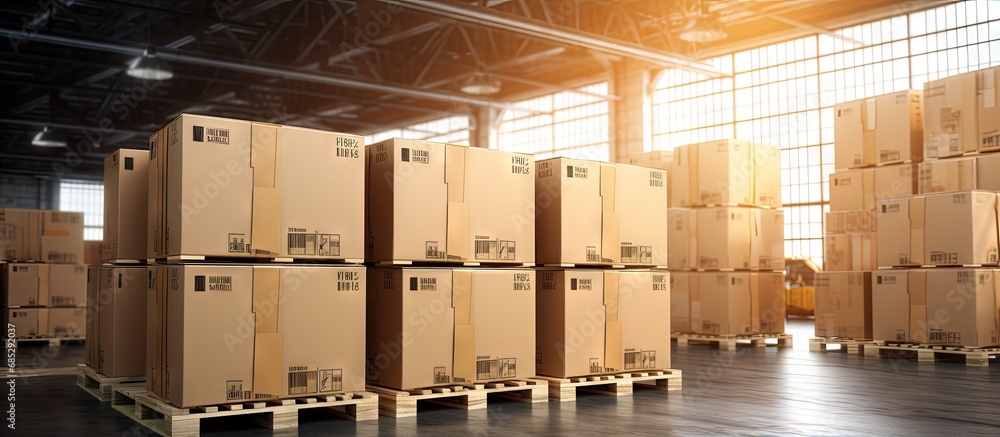 Palletized packaging boxes awaiting loading into cargo container ...