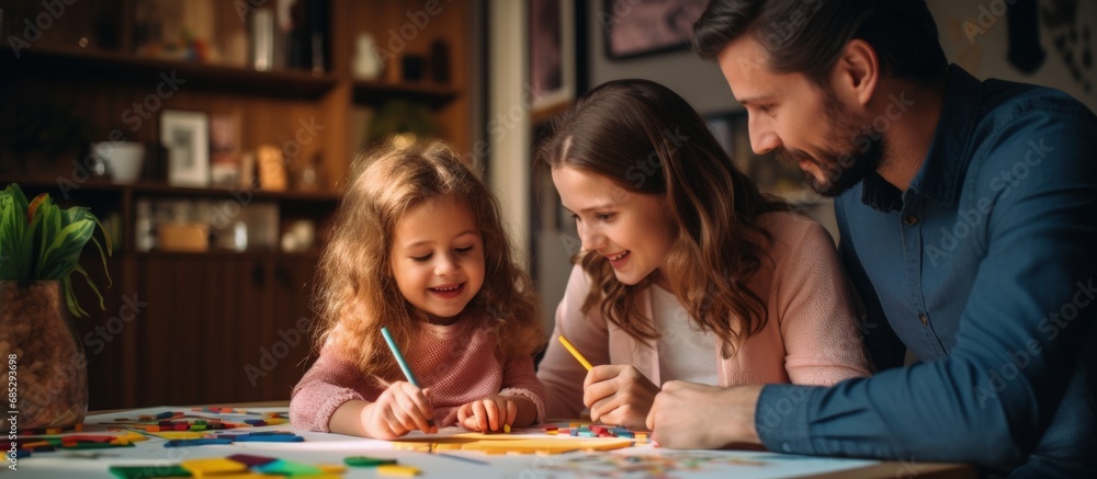 Parents teach daughter to draw together in the living room using ...
