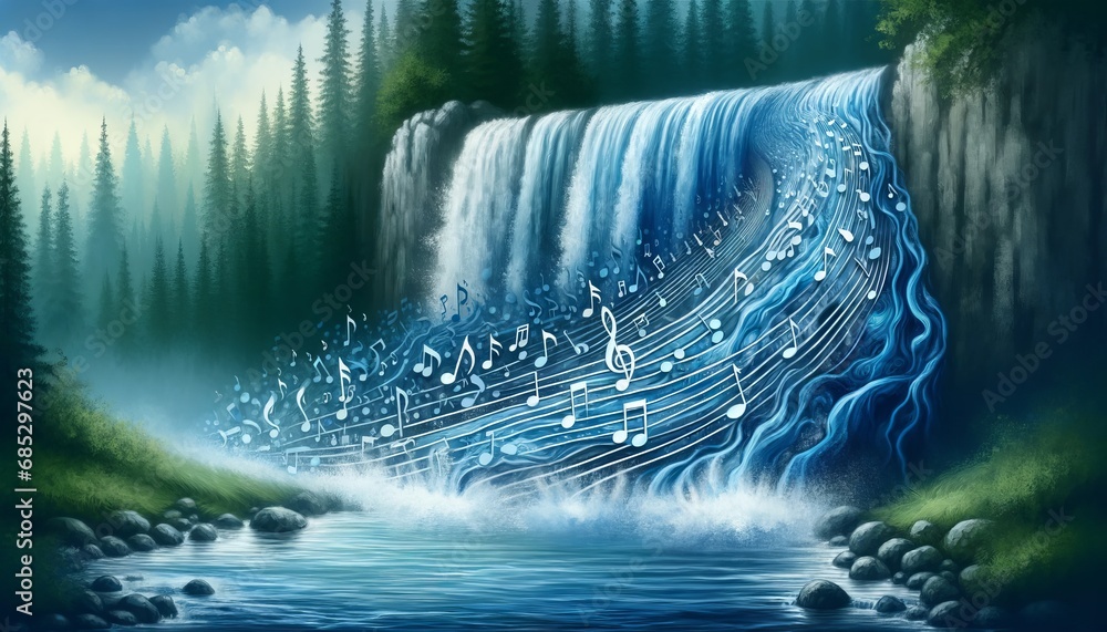 Waterfall turning into musical notes as it falls, from clear stream to ...