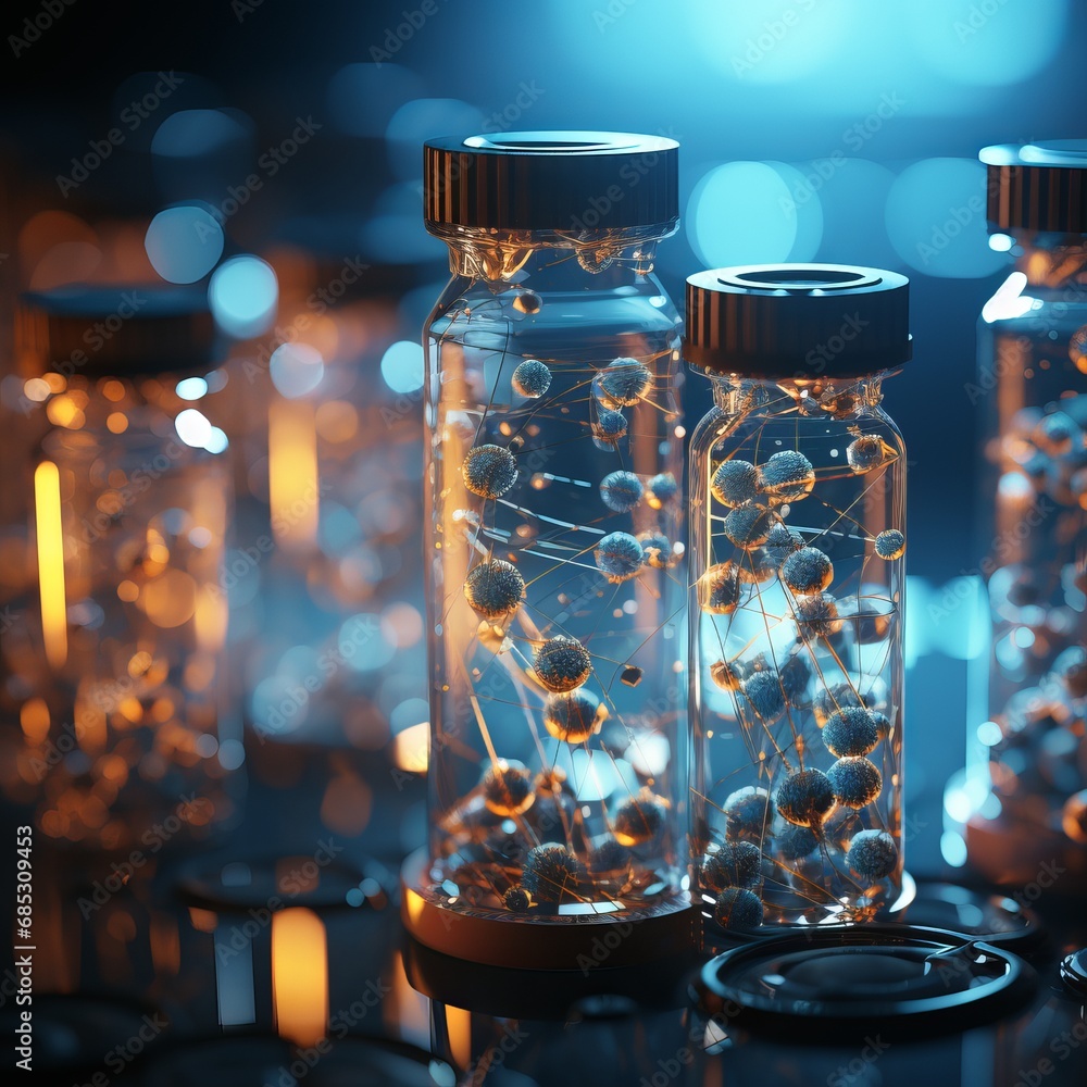 Glass containers vials with metal caps, illustration of collection and ...