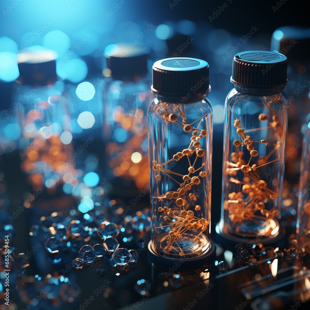 Glass containers vials with metal caps, illustration of collection and ...