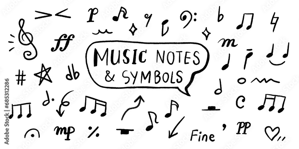 set of hand drawn music notes and symbols doodle. Decorative elements ...