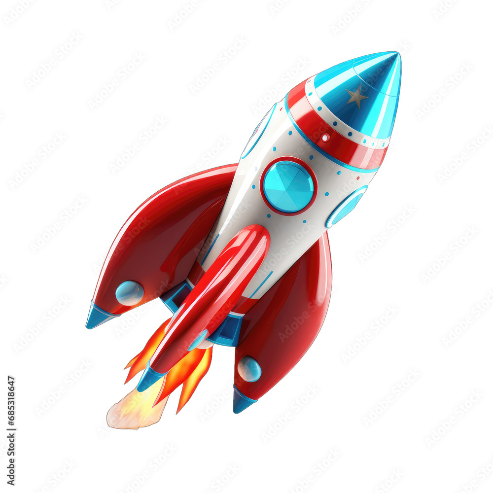 3D model of a rocket toy with flames in flight isolated on transparent ...