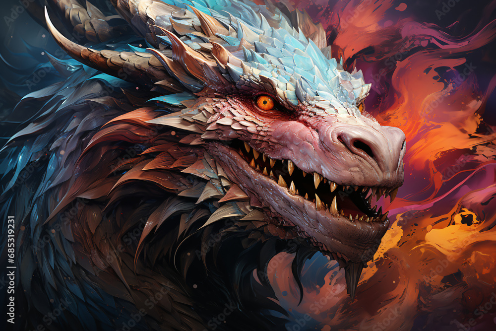 Dragon, colorful portrait. The head of a predator with a burning gaze ...