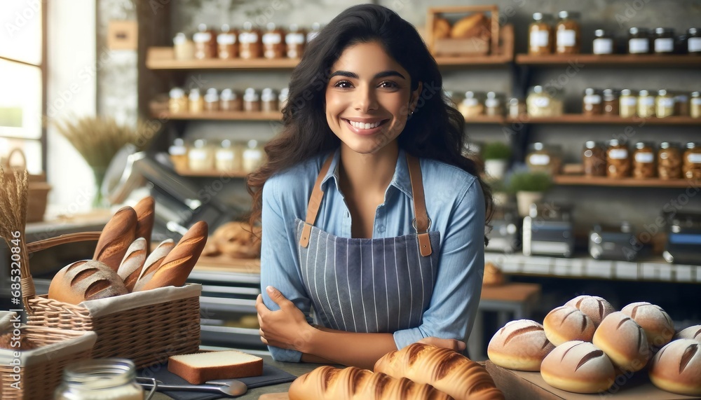 Hispanic female owning a cozy bakery, smiling warmly as she arranges ...