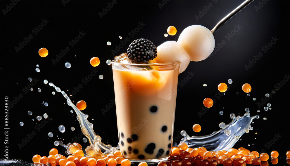 bubble milk tea with tapioca balls splashing against black background ...