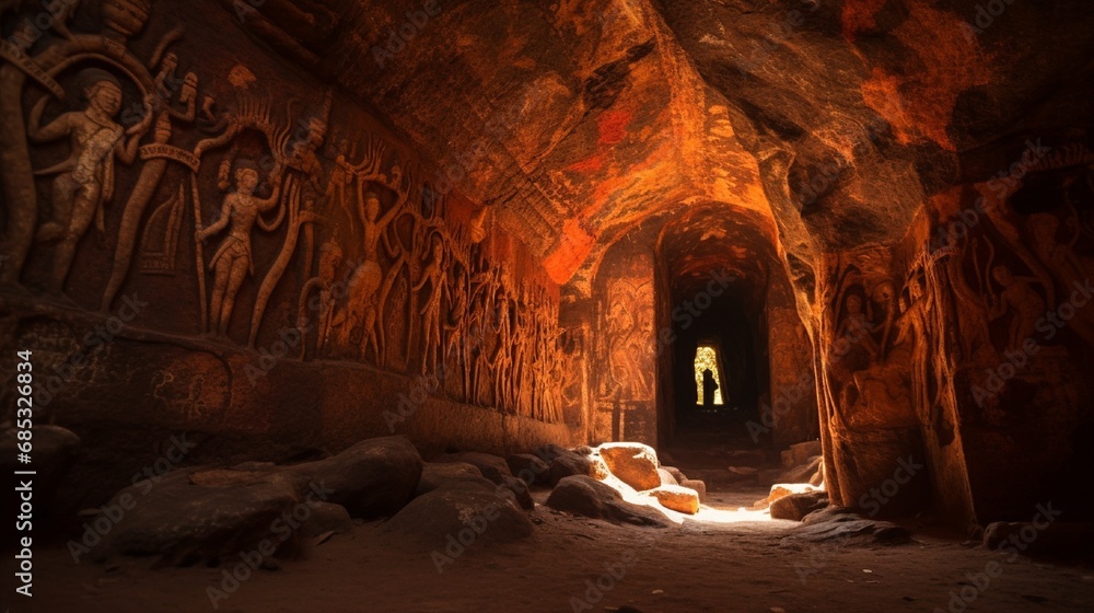 A hidden cave with ancient inscriptions depicting Hanuman's story ...