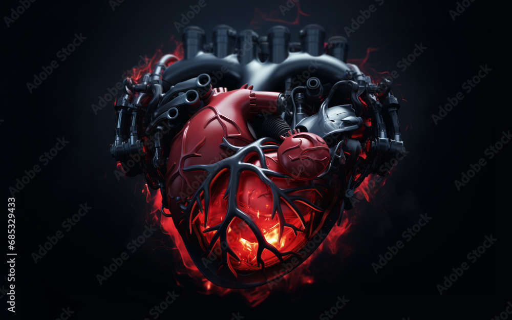 Steel heart engine pulses with fiery red glow, against gloomy smoky ...
