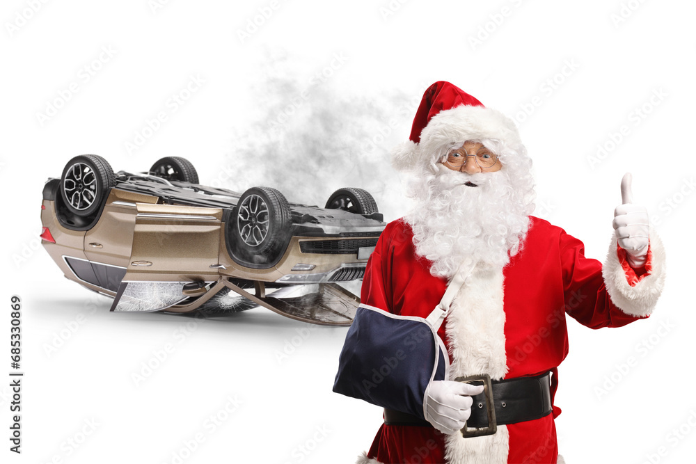 Santa Claus with an injured arm in a car accident gesturing thumbs up ...