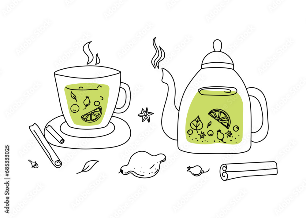 Set of hot healthy tea drink. Mug and teapot. Drawings, doodles. Tea in ...