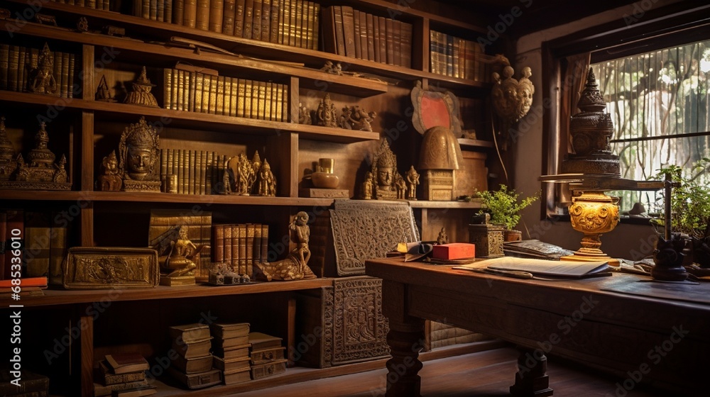 A peaceful study room with shelves filled with sacred texts and ...