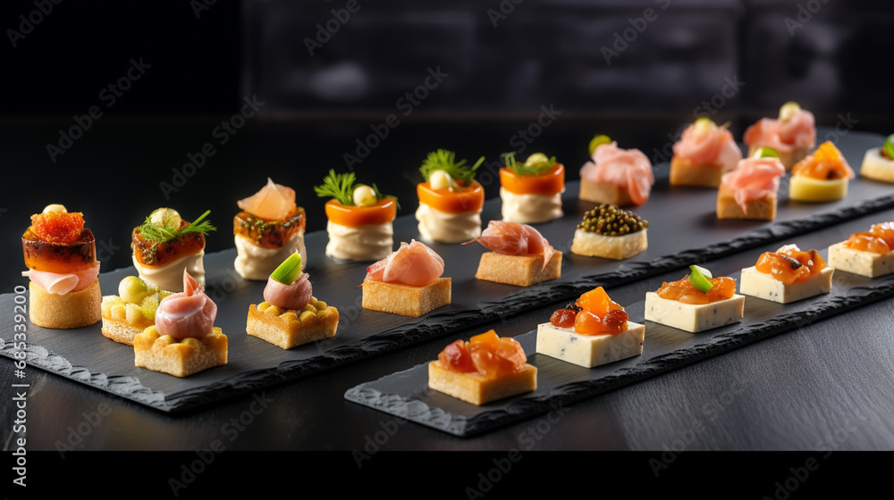 Mix of different snacks and appetizers. Spanish tapas on a black stone ...