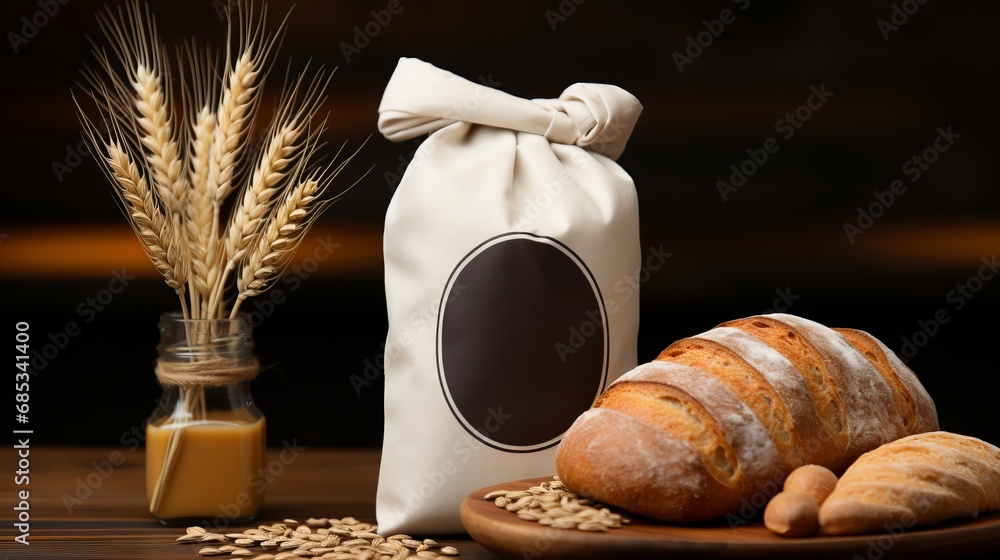Flour packaging, neutral background with baked bread and ears of wheat ...