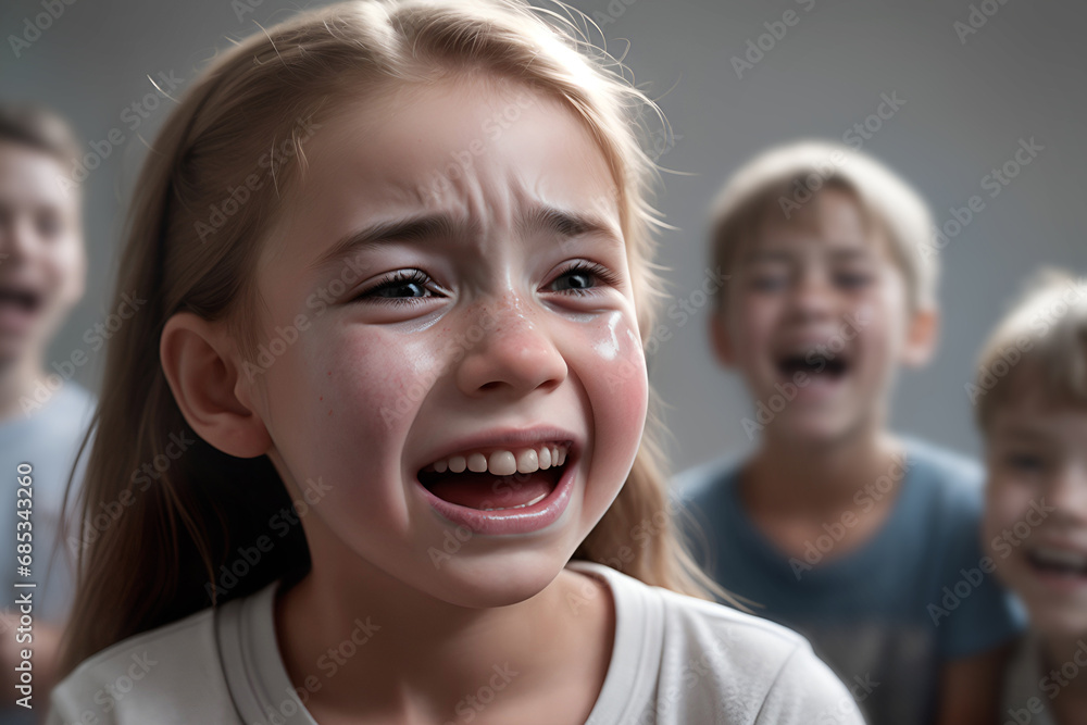 Little girl crying while being bullied by her schoolmates Stock Photo ...
