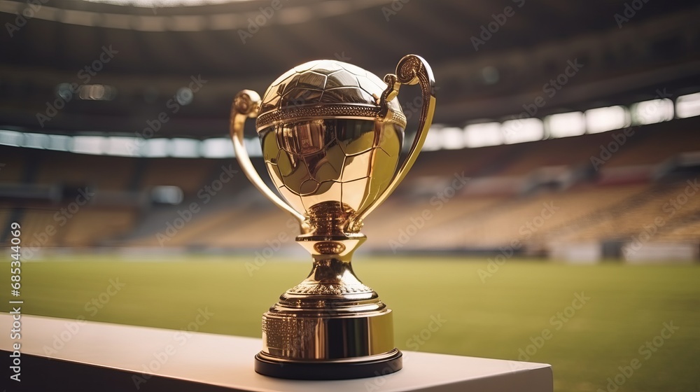 Golden winner sport trophy on football or soccer field stadium, an ...