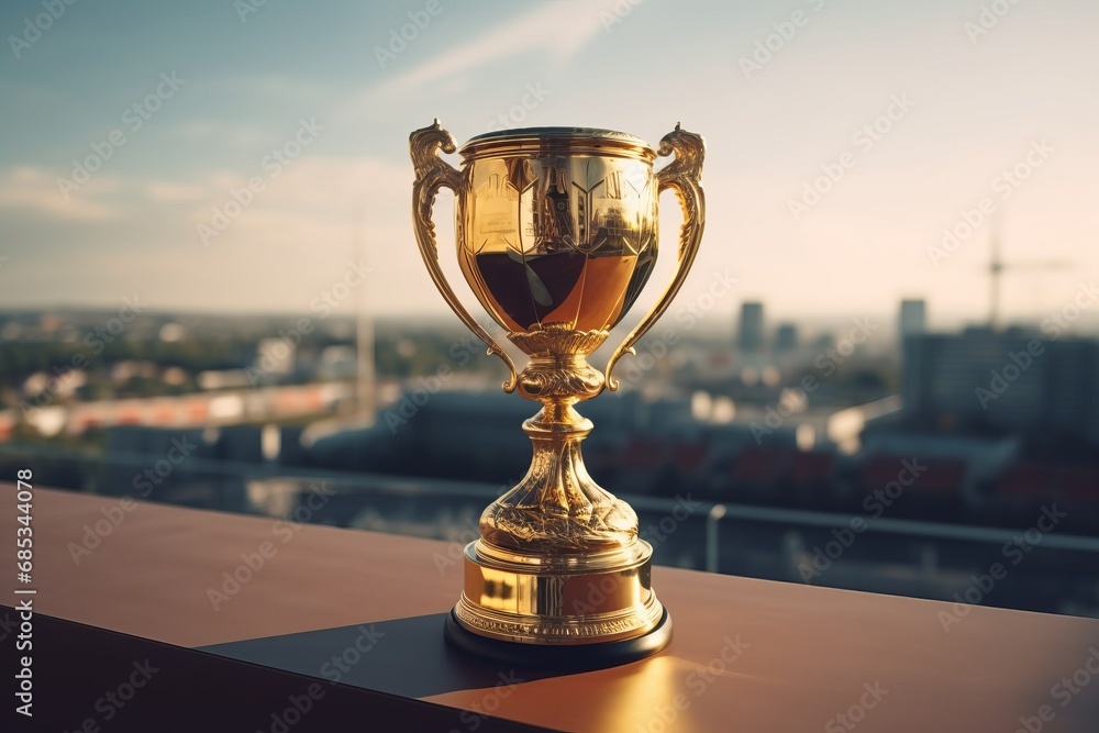 Golden winner sport trophy on football or soccer field stadium, an ...