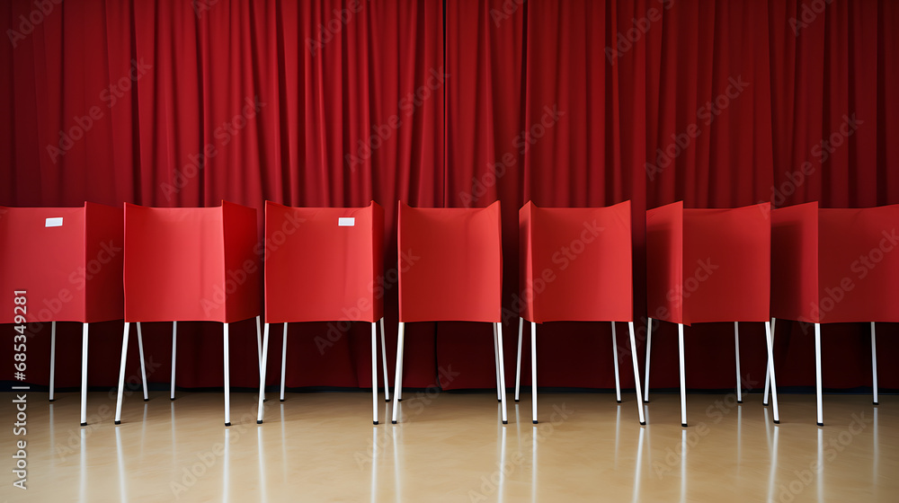 Rows of empty voting booths in a community center, ready for voters ...