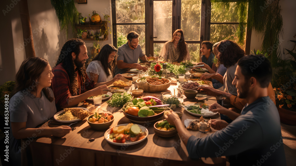 Traditional Palm Sunday feast with family and friends gathered around a ...