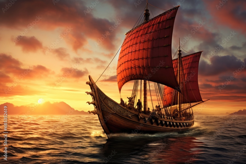 Sailing viking row ships on river. Drakkar, longships. Scandinavian ...