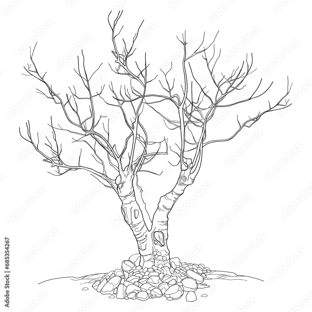 Outline leafless deciduous tree in black isolated on white background ...