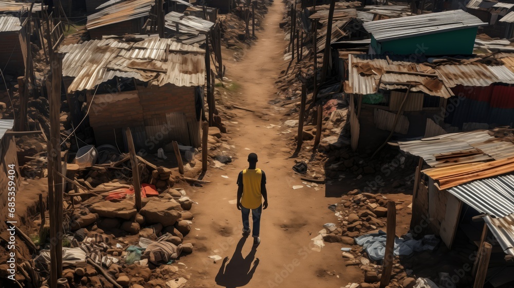 Aerial view of a narrow, dusty road in a poverty-stricken slum. A ...