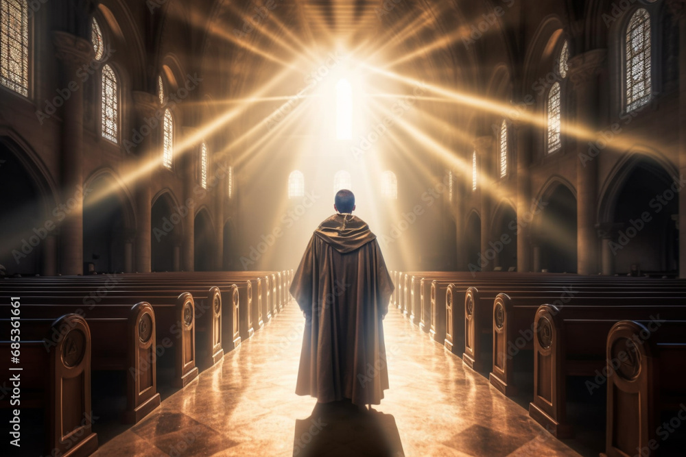 Christian monk in a church deeply immersed in prayer experiencing the ...