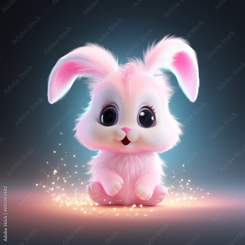In appearance, a cute pink rabbit displays big eyes, elongated ears ...