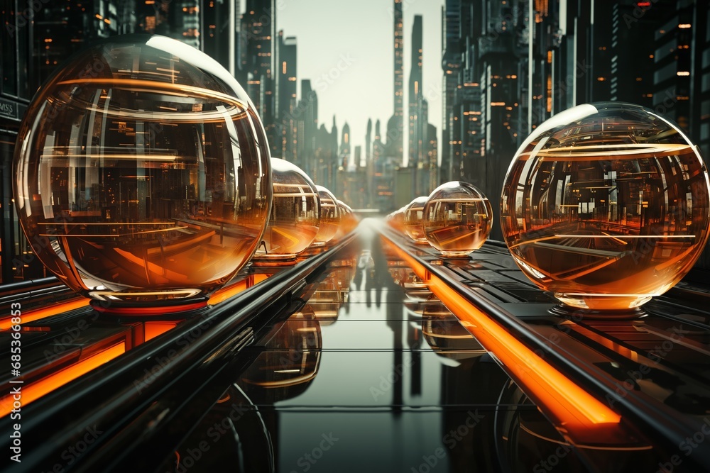 panoramic view of a futuristic metropolis with road and spheres at ...