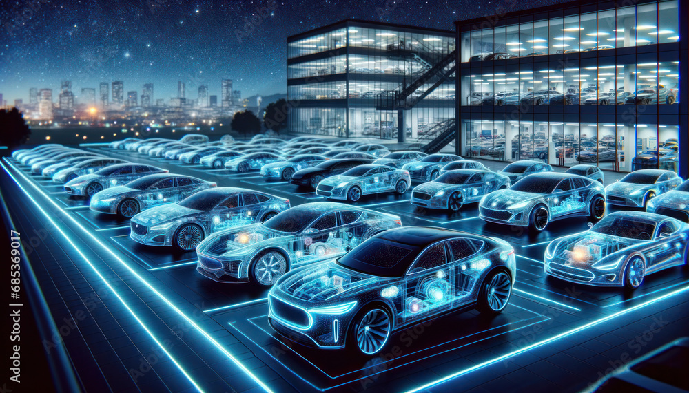 Digital visualization of a typical car dealer's stock lot. The scene is ...