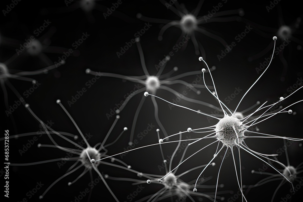 Black and white illustration closeup neuron with in nervous system ...