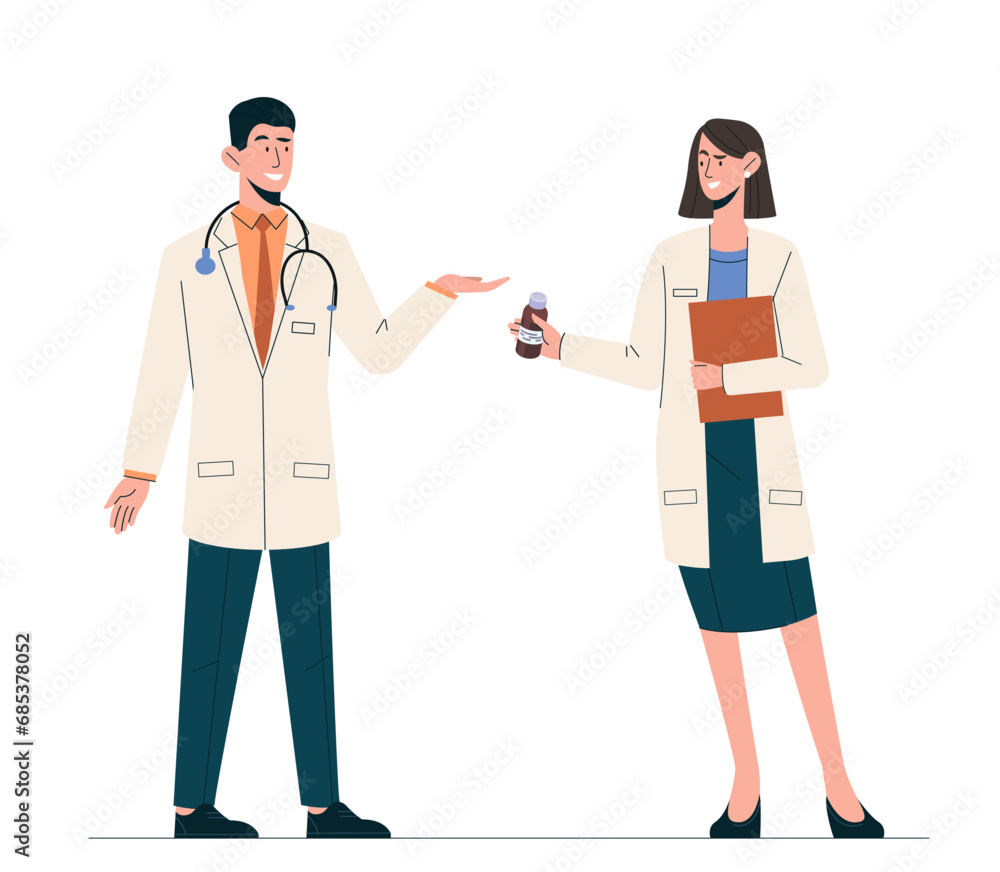 Doctors communicate concept. Man and woman in medical uniform with ...