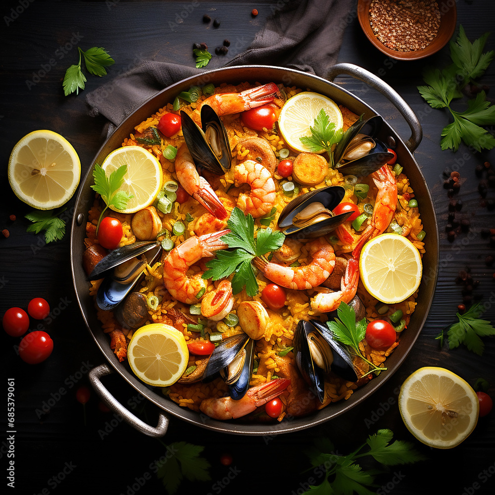 Top down view of a classic Spanish paella served in a traditional ...