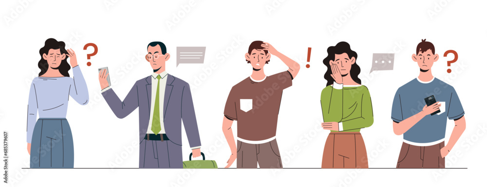 Sad people set. Men and women with bad mood and feelings. Facial ...