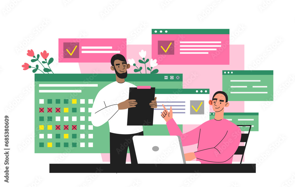 People with work schedule concept. Two men near calendar. Planning and ...