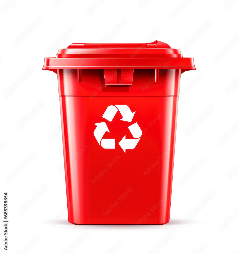 Red trash bin icon with the recycling logo on a white background. Stock ...