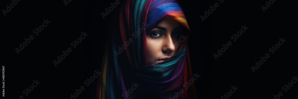 Horizontal banner. Closeup portrait of tanned muslim woman in colorful ...
