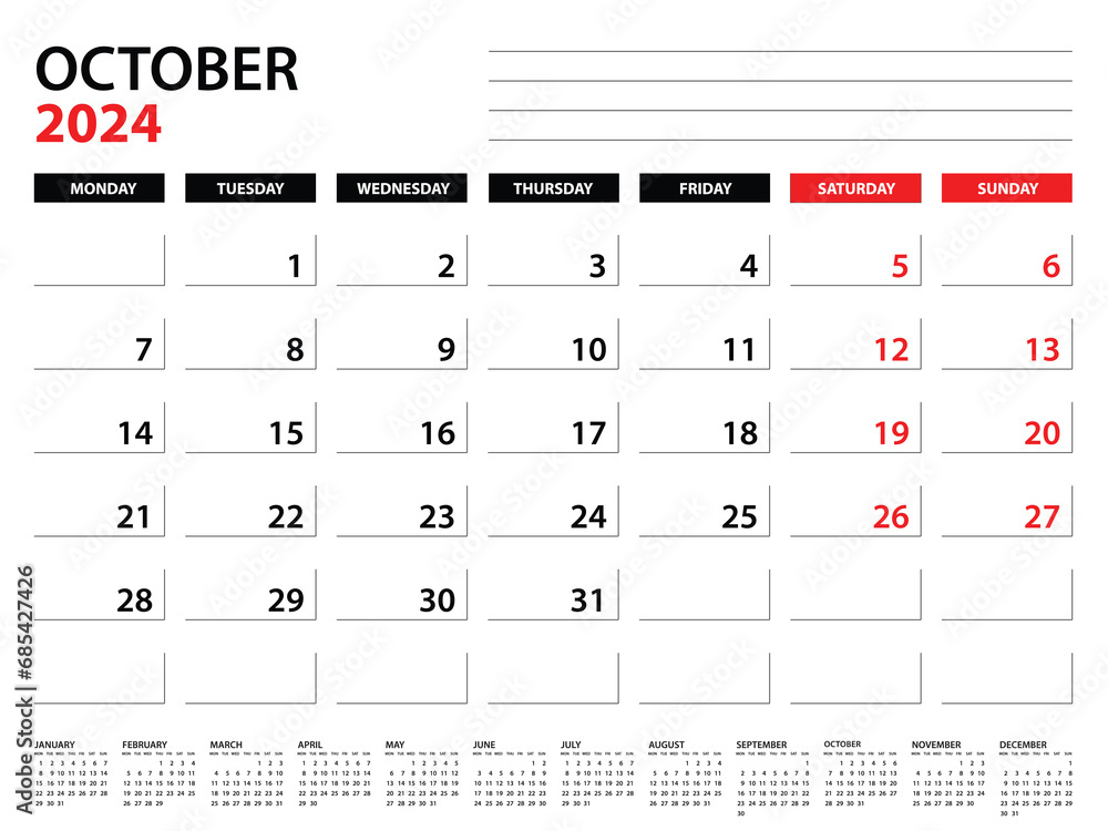 October 2024 year planner template, calendar 2024 template, monthly and ...