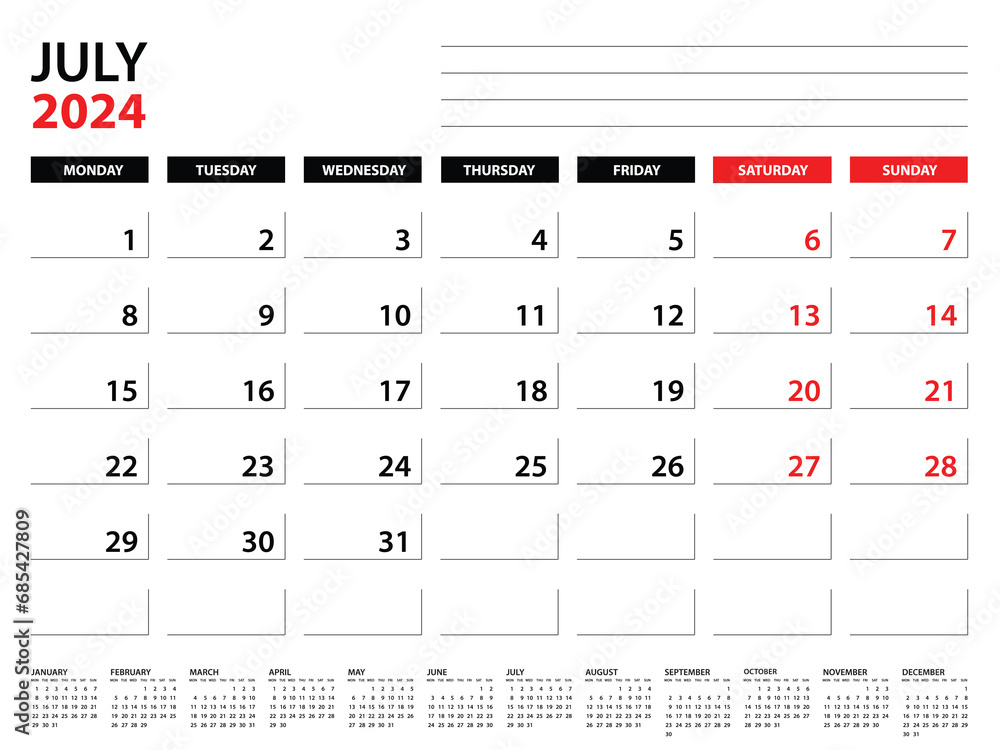 July 2024 year planner template, calendar 2024 template, monthly and ...