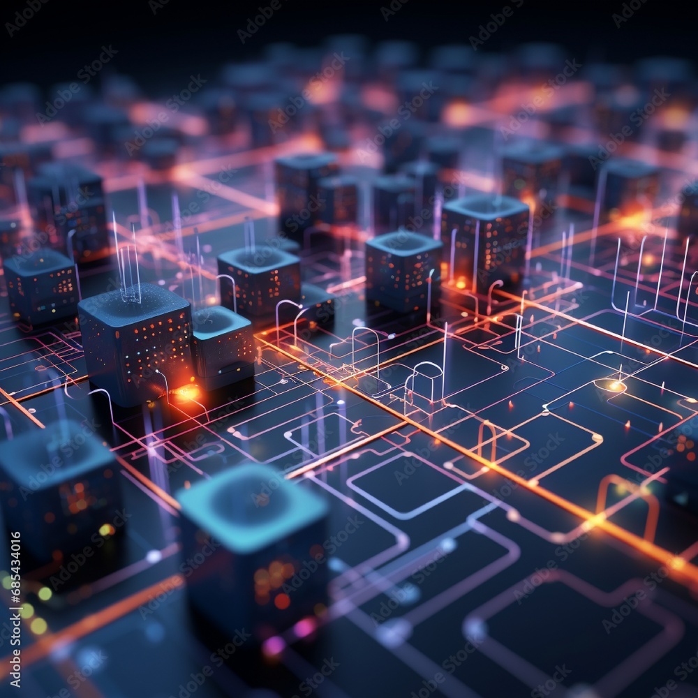 Digital render of interconnected software modules optimizing business ... Digital render of interconnected software modules optimizing business ...