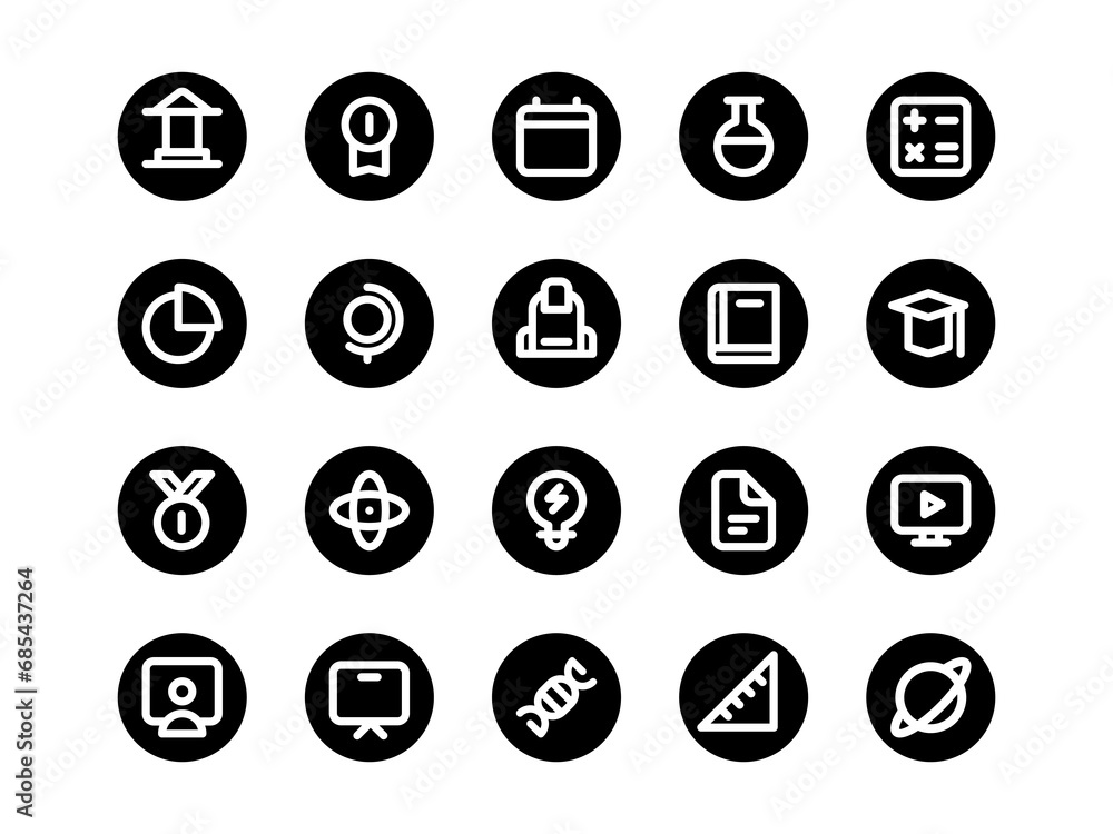 Education Icon Pack Circular Outline Style. School Equipment Icons ...