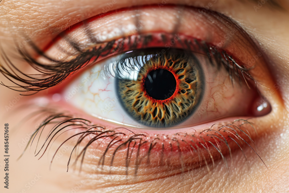 Macro shot of eye with red and blue iris. Visual examination for ...