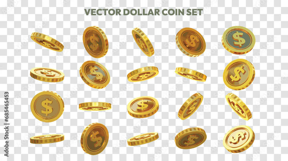 Vector illustration of set of abstract golden US dollar coins in ...