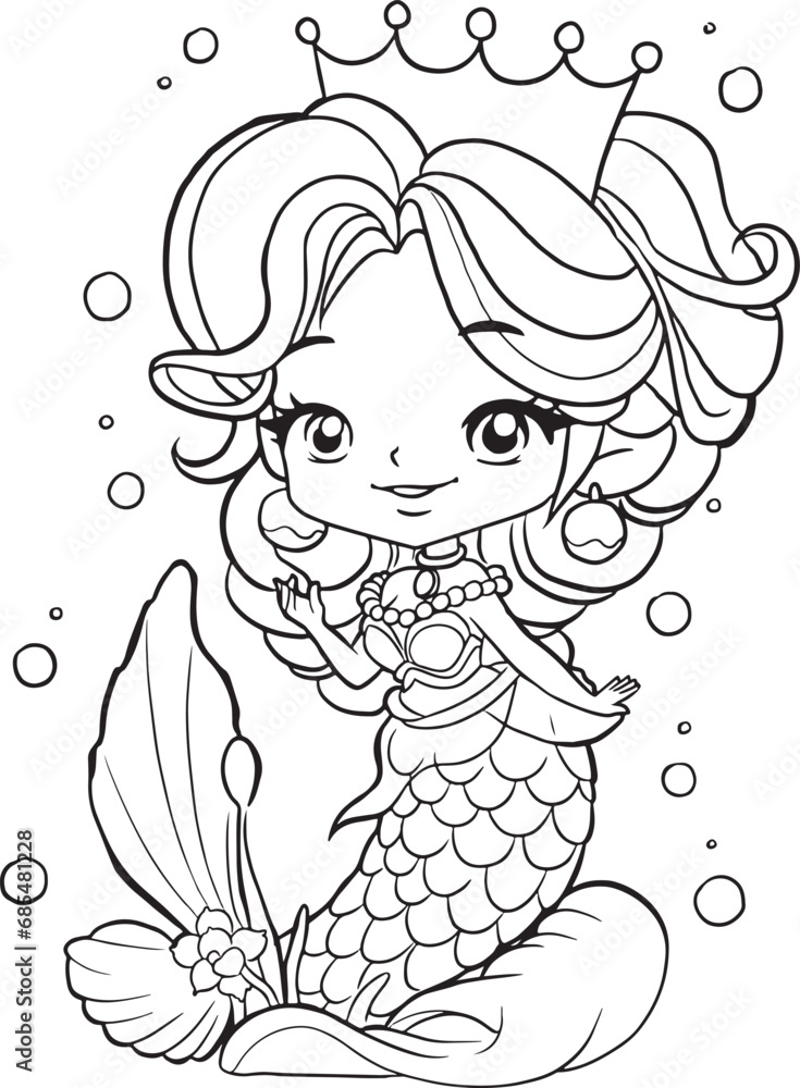 Cartoon mermaid princess cute coloring pages for kids fantasy Stock ...