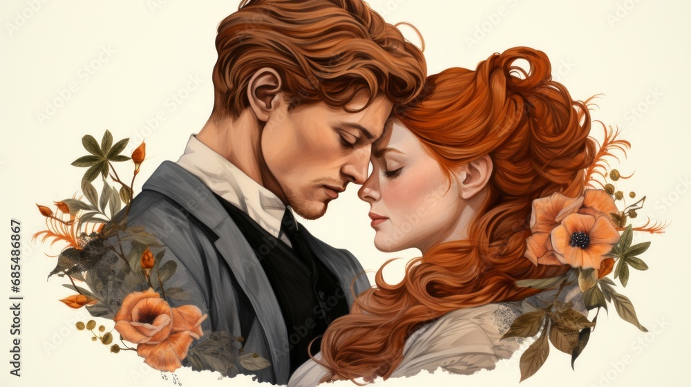 A fiery kiss ignites between two red lovers, captured in a stunning ...