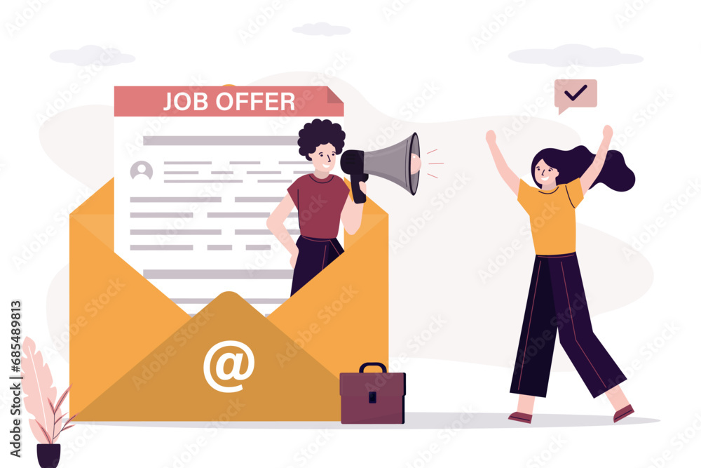 Job offer document in yellow envelope. hr agent uses megaphone for ...