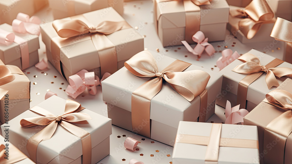 Top view of pastel pink rose gold gift box with ribbon on the white ...