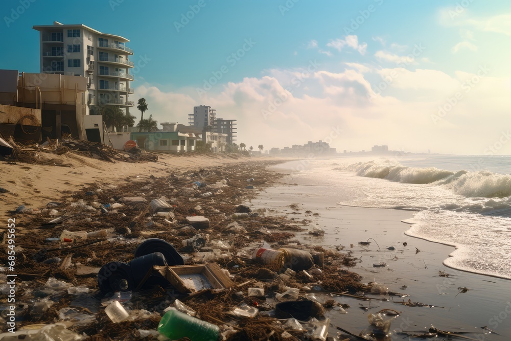 Polluted Beachfront with Litter Scattered Along the Shoreline ...