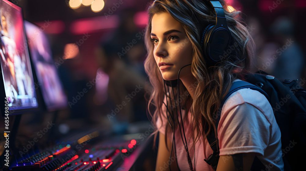 Captivating Gamer Girl Immersed in Gameplay: PC Console, Multi-Monitor ...