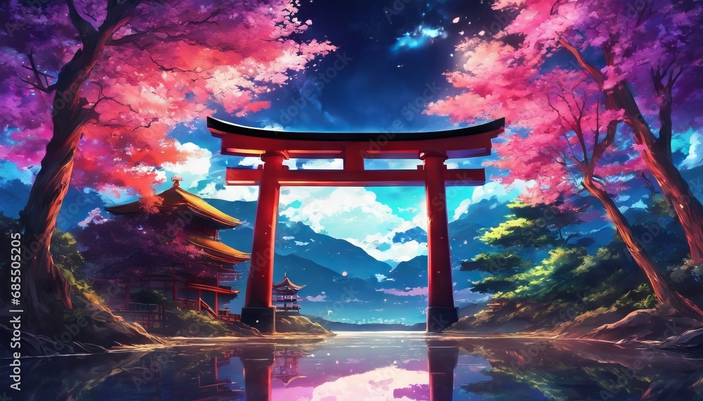 Colorful Vibrant Anime Torii Gate Japanese Landscape with Sakura and ...