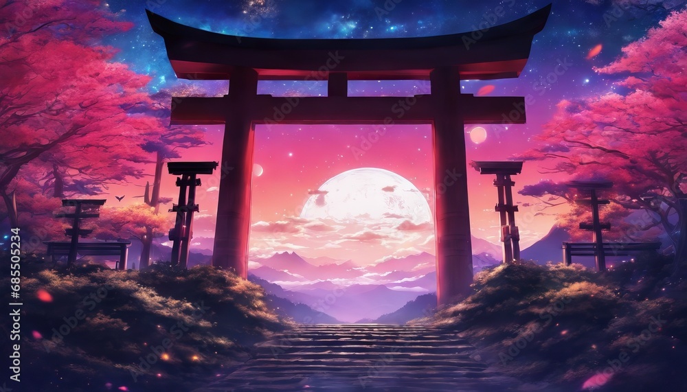 Colorful Vibrant Anime Torii Gate Japanese Landscape with Sakura and ...